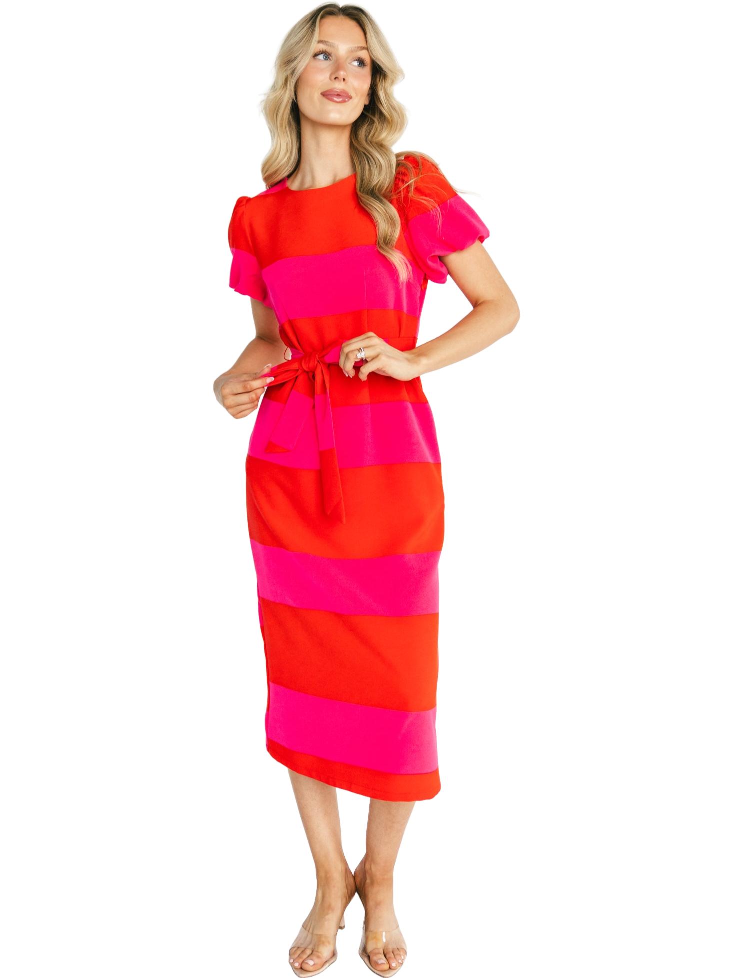 SUGAR LIPS Sugar Lips Striped Midi Dress with Puff Sleeves and Removable Sash